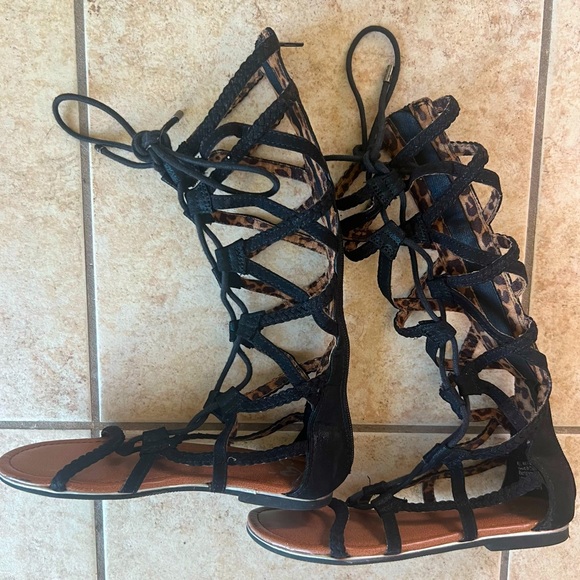 Justice | Shoes | Justice Gladiator Lace Up Black Animal Print Lining ...